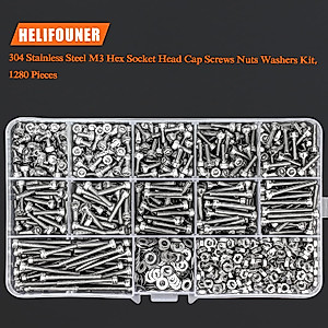 HELIFOUNER 1280 Pieces M3 x 4mm /6mm /8mm /10mm /12mm /14mm /16mm /18mm /20mm /25mm / 30mm, Hex Socket Head Cap Metric Screws Bolts Washers Nuts Kit, 304 Stainless Steel