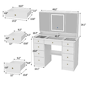 ROMSHINE White Vanity Desk with Trifold Mirrors & LED Light, Large Makeup Vanity with Glass Top, 9 Drawers & Shelves, Modern Vanity Desk with Mirrored Doors in 3 Colors, Thickened Tabletop, White