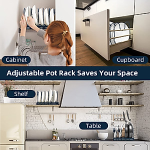 ROOHUA Pot Rack Organizer -Expandable Pot and Pan Organizer for Cabinet,Pot Lid Organizer Holder with 10 Adjustable Compartment for Kitchen Cabinet Cookware Baking Frying Rack (Dark Blue, 10)