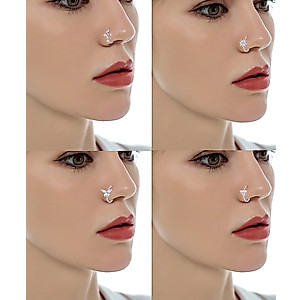 Tornito 8Pcs Nose Ring Hoop Paved Flower Butterfly Star Triangle Moon CZ Cartilage Earrings Nose Piercing Jewelry for Women Men Silver Rose Gold Tone 20G