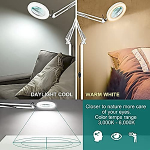 TOMSOO 4-in-1 Magnifying Glass with Light, White/Warm White Lighted Magnifier Lens - Adjustable Swivel Arm Full Spectrum LED Magnifying Floor Lamp with Clamp for Reading, Crafts, Close Work (White)