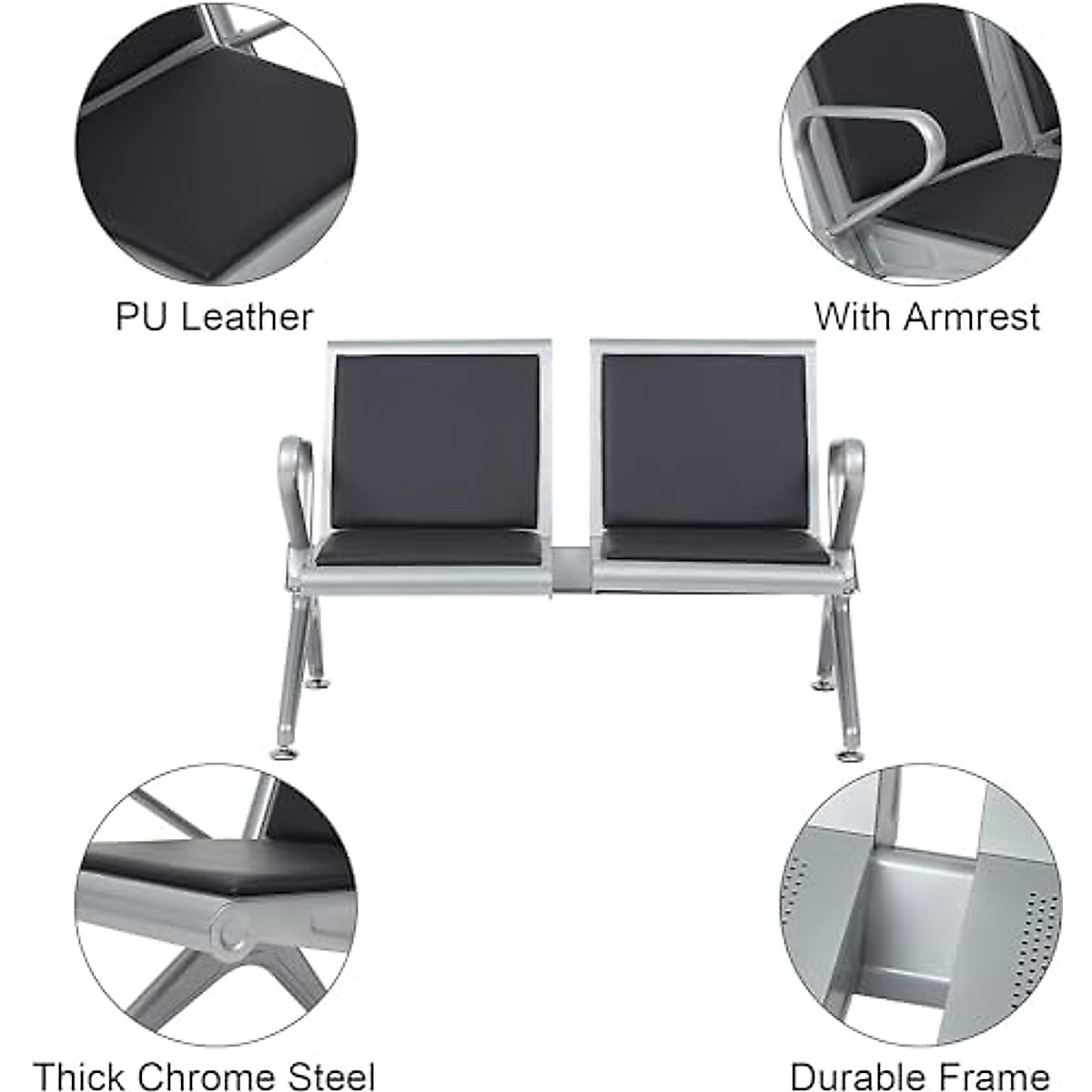 JSUN7 4-Seat Office Waiting Room Chairs - PU Leather Reception Bench, Guest Chairs Airport Seating with Armrests for Hospital Bank Salon Barber Hall Room Conference, Set of 2, Black