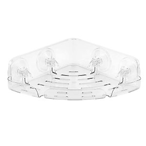 RoomForLife - Clear Corner Shelf- 10 by 3 by 3 - Suction and Adhesive Attachment - Bathroom - Garage - Kitchen - Plant Shelf
