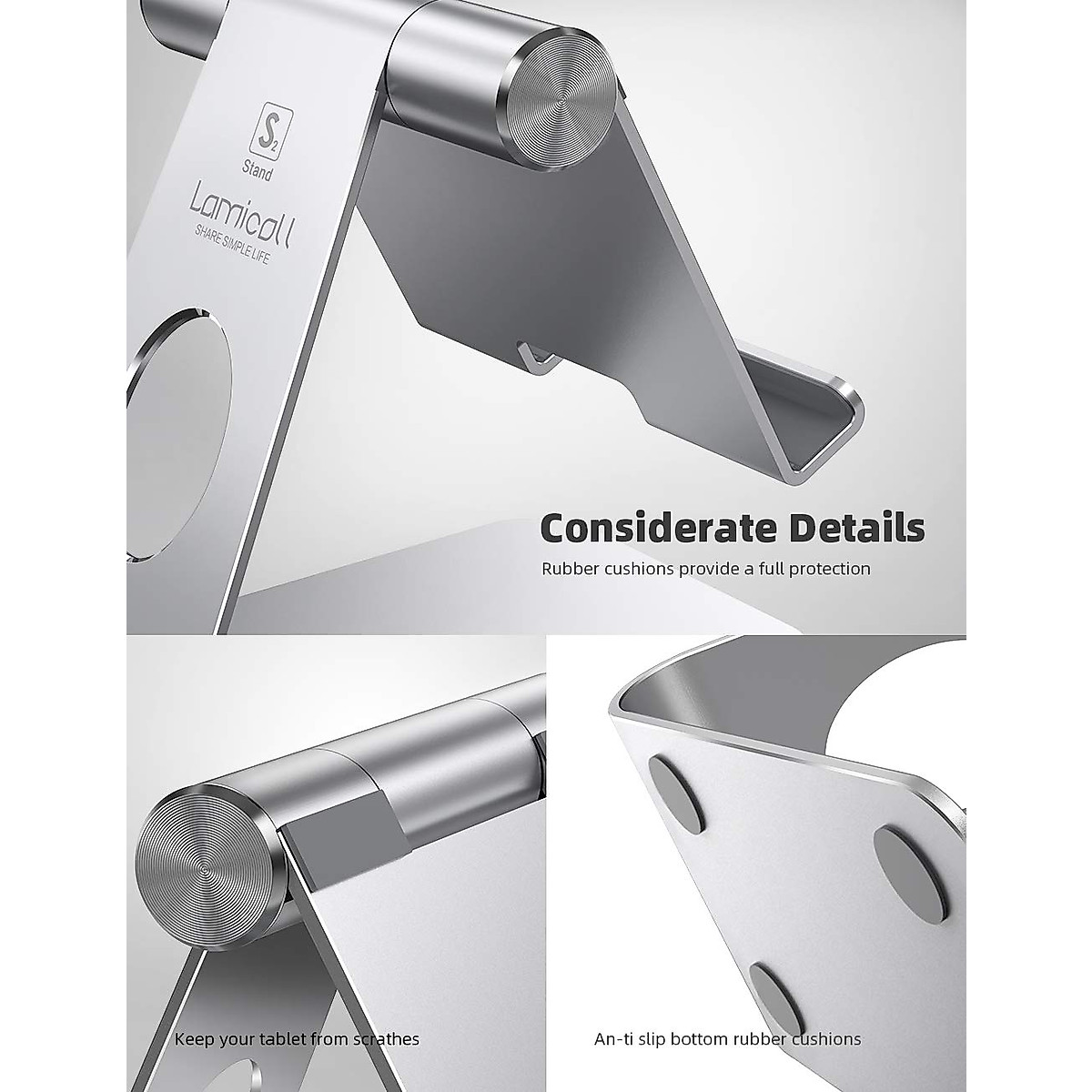 Tablet Stand Adjustable, Lamicall Phone Stand : Desktop Stand Holder Dock Compatible with Phone Xs Max XR, New iPad 2018 Pro 9.7, 10.5, Air Mini 2 3 4, Kindle, Accessories, Tab (4-13 inch) - Silver