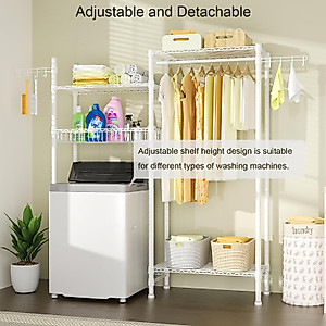 Ulif Clothes Drying Rack, Over Washer and Dryer Laundry Room Storage Shelf, Bathroom Towel Rack Space Saver with Adjustable Shelves, Wire Basket, and Rotatable Hooks, 63.4"L x 13.4"D x 76.7"H, White
