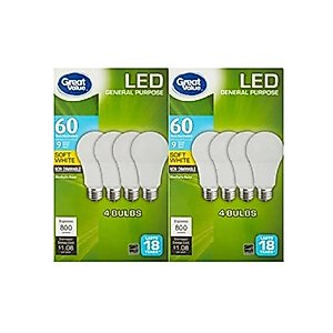 Great Value LED Light Bulb 9Watts 60Watts Equivalent Soft White Pack of Two, 4 Bulbs in each pack