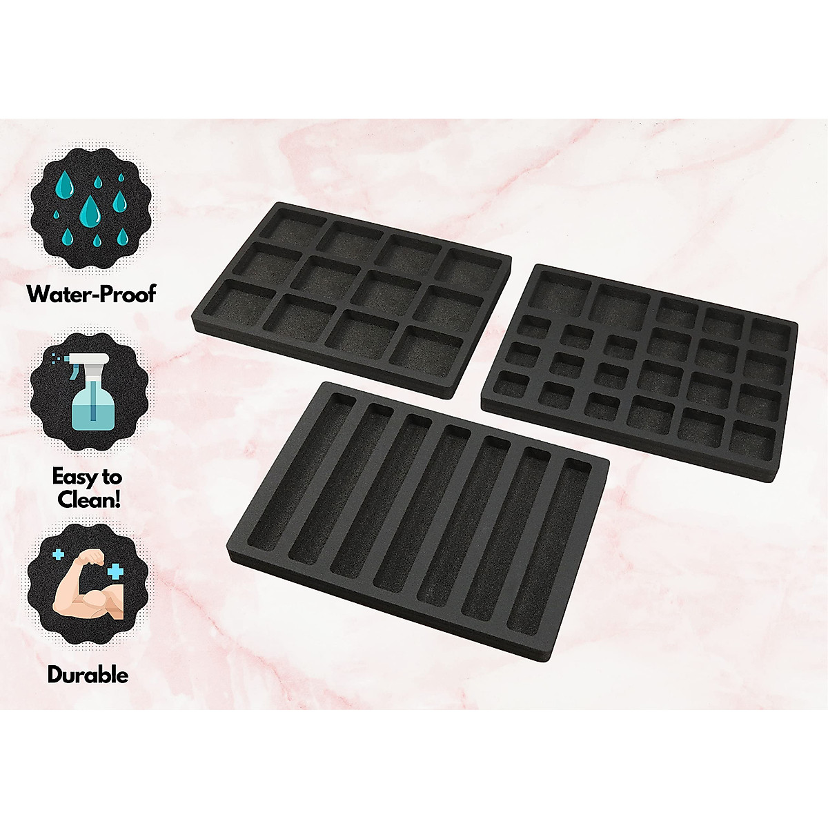 Polar Whale Stackable Jewelry Tray Display Organizer Grid for Home Bedroom Dresser Bathroom Vanity Drawer Durable Elegant Black Foam 14 x 10 Inches Bracelet Ear Ring Necklace and More 3 Piece Set