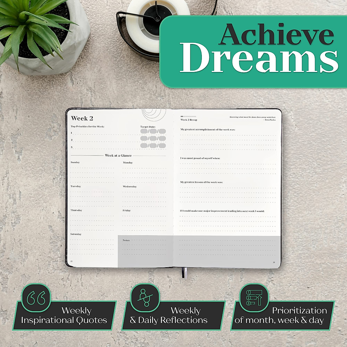 One Day - Daily Execution Planner - Boundless Black - Undated 90 Day Journal With Positive Quotes - Daily Time Management Notebook - Project Management Organizer With Faux Leather Cover