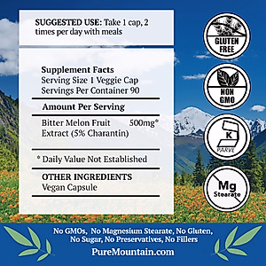 Pure Mountain Botanicals Bitter Melon Capsules - Kosher Vegan Caps with 500mg Bitter Melon Extract Supplement