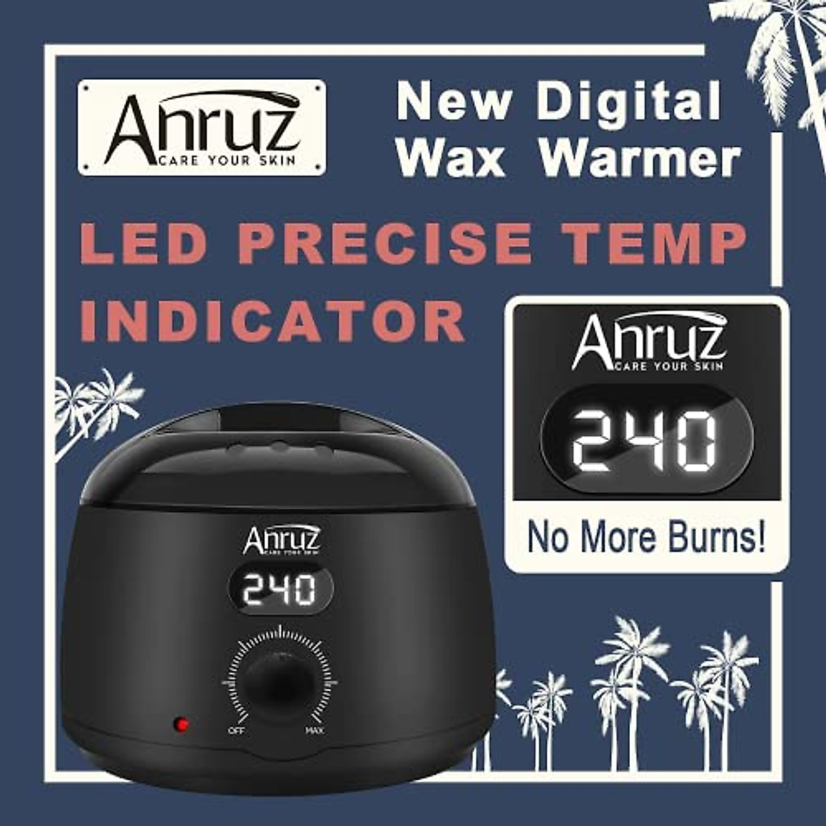 Waxing Kit- Anruz Women Men Wax Kit for Hair Removal - For Sensitive Skin, Eyebrows, Brazilian, Face, Bikini - Home Use Digital Wax Warmer with 5 Bags Hard Wax Beads (17.5 oz. total)