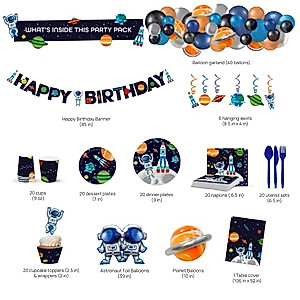 My Greca Space Birthday Party Decorations – (Serves 20) - Space Themed Party Supplies Set - Plates, Cups, Napkins, Cupcake Toppers & Wrappers, Happy Birthday Banner, Table Cover, Balloon Garland Kit