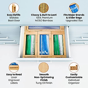 mHomeAid Bag Storage Organizer - Bamboo Food Plastic Baggie Holder, Dispenser, and Container for Kitchen Drawer and Cabinet - Fits Ziplock and Ziploc Gallon, Quart, Sandwich & Snack Sized Slider Bags