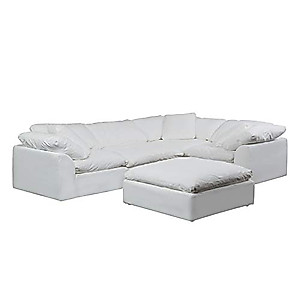 Sunset Trading Contemporary Puff Collection 5PC Performance Fabric Washable Water-Resistant Stain-Proof White Slipcovered Modular L-Shaped Sectional Sofa with Ottoman, Deep-Seat Down-Fill Couch