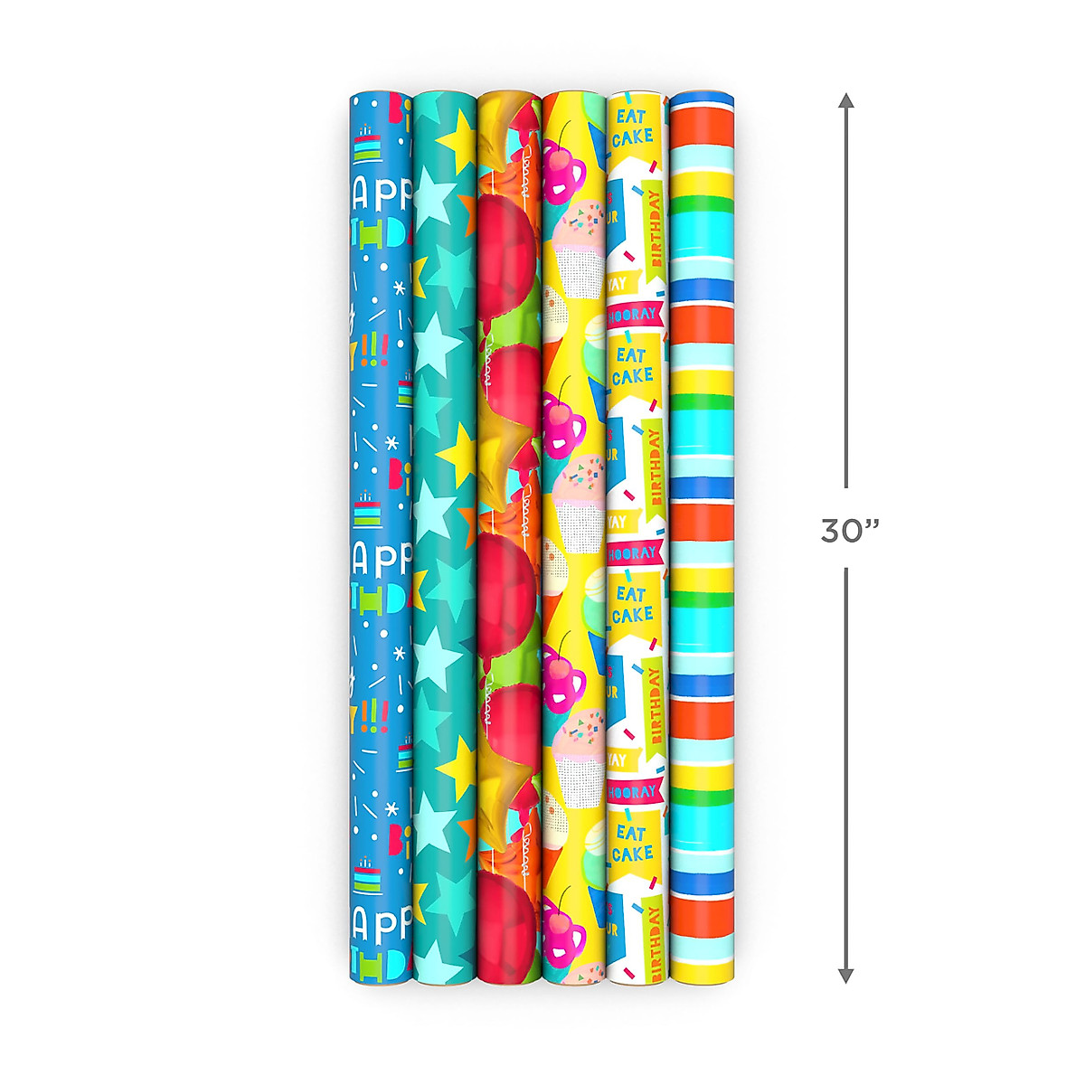 Hallmark Birthday Wrapping Paper Rolls - Stars, Stripes, Balloons, Cupcakes, Happy Birthday Gift Wrap Paper (Set of 6 Rolls: 180 sq. ft. ttl.)