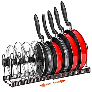 ROOHUA Pot Rack Organizer -Expandable Pot and Pan Organizer for Cabinet,Pot Lid Organizer Holder with 10 Adjustable Compartment for Kitchen Cabinet Cookware Baking Frying Rack,Bronze