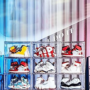STAHMFOVER Clear Shoe Box, Set of 9 Stackable Plastic Sneaker Box Container, Magnetic Side Open Shoe Organizer and Shoes Storage Case, Full Transparent to Display Sneakers