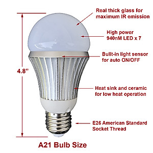 SCS Enterprises Total Invisible Super Wide 940nM IR Light Bulb Covert Lamp (7 High Power LED illuminators + Light Sensor) 25ft Range, 160 deg, 120VAC