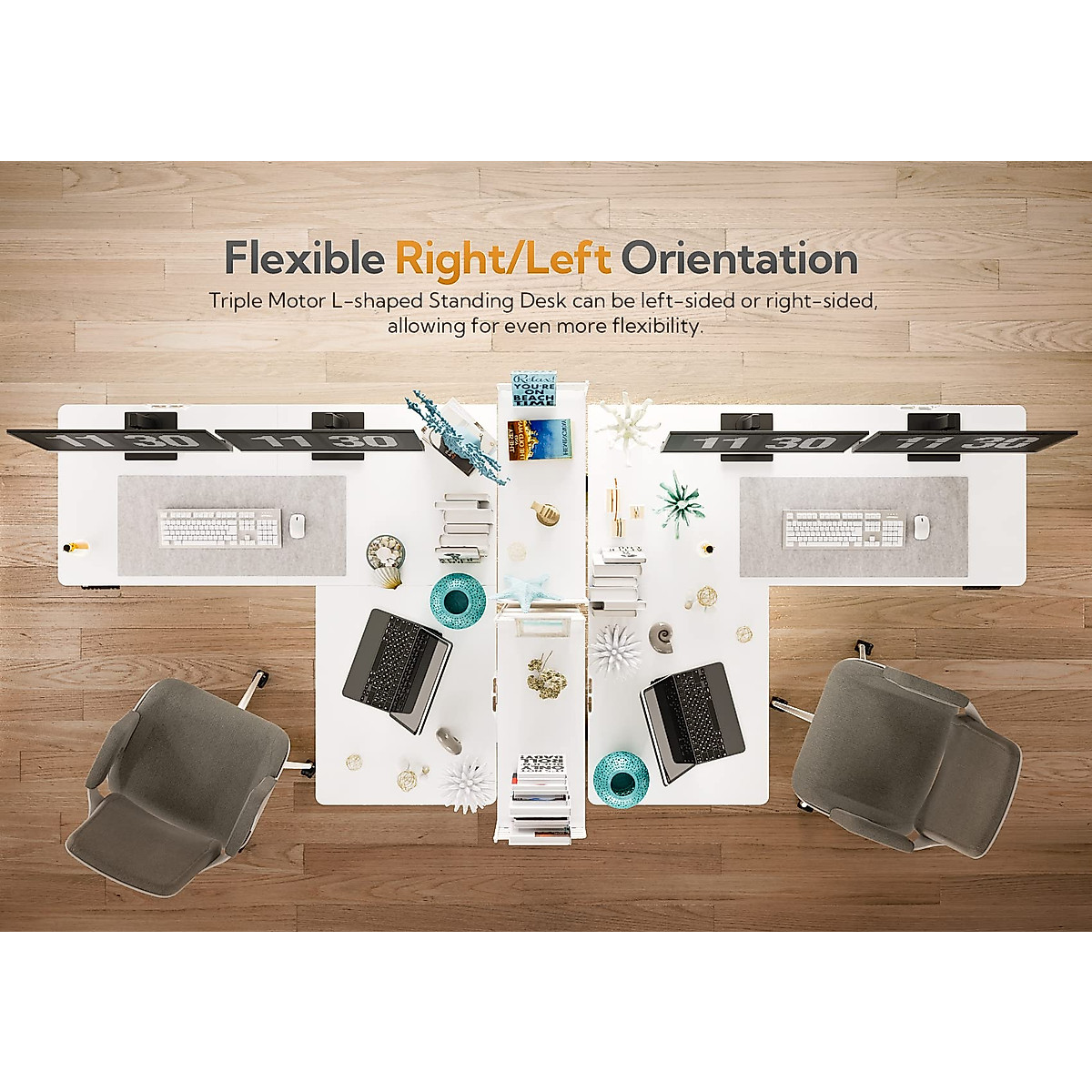 Claiks Triple Motor L Shaped Standing Desk, 63 x 55 inch Corner Stand Up Desk, Adjustable Height Desk with Splice Board, White Frame/White Top