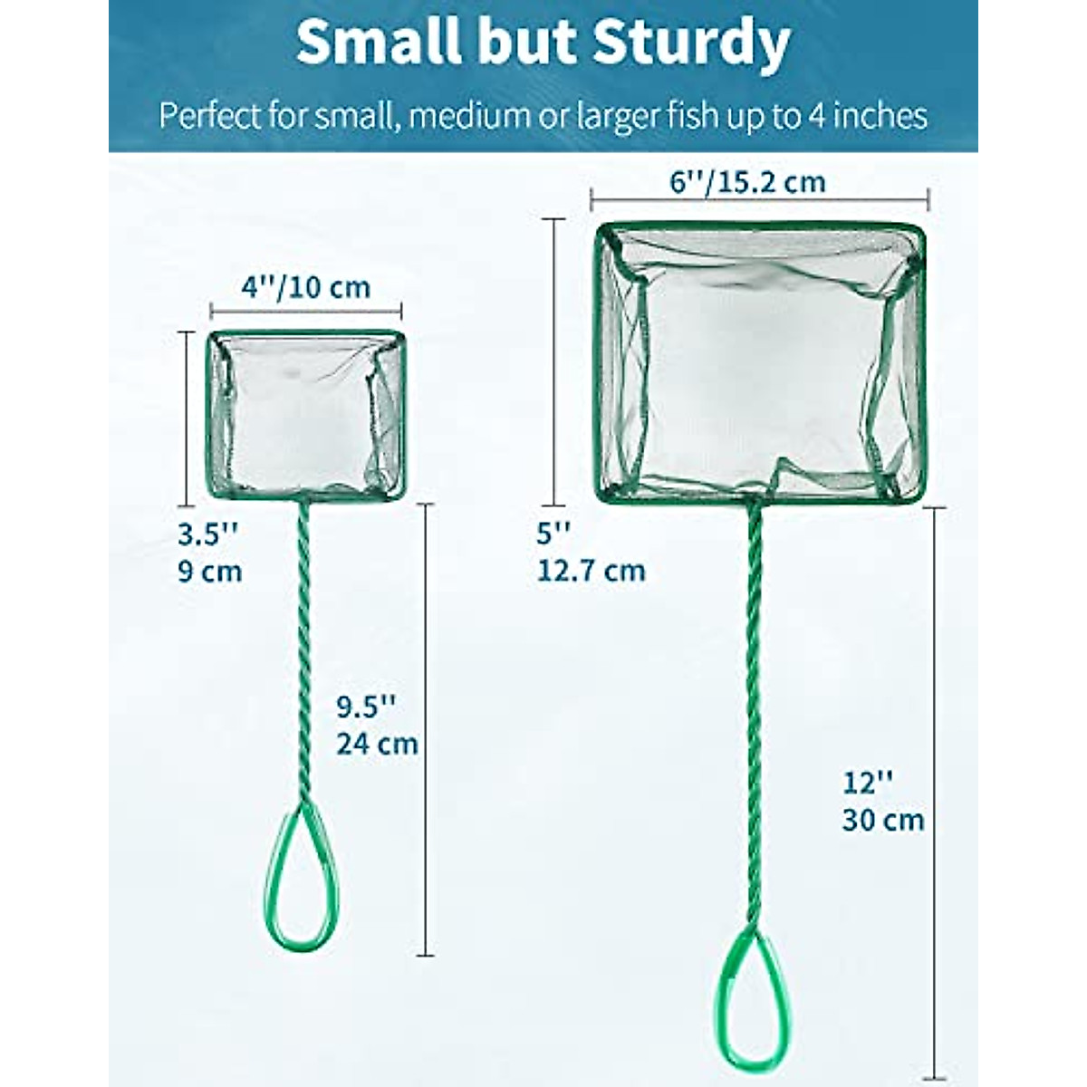 Pawfly 4 & 6 Inch Aquarium Fish Net Set with Braided Metal Handle Square Green Net with Soft Fine Mesh Sludge Food Residue Wastes Skimming Cleaning Net for Fish Tanks Small Koi Ponds and Pools