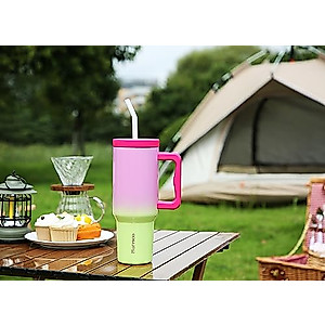Murmioo 40OZ Tumbler with Handle and Straw,Insulated Leak Proof Double Walled Stainless Steel Travel Mug,Reusable Water Bottle Cup，Maintains Cold, Heat, and Ice for Hours(Rose green gradient)