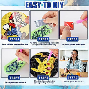 8 PCS Diamond Painting Coasters Kits with Holder - Cartoon Diamond Art Coasters for Adults Kids Beginner,DIY Child Memery Round Full Drill Diamond Dot Paint by Number Stitch Arts and Crafts Gift