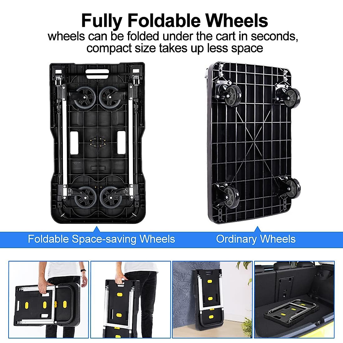 HBFBDRCT Folding Hand Truck, 150kg/330 Lbs Heavy Duty Luggage Cart, Portable Utility Dolly Platform Cart with Adjustable Handle for Auto, Luggage, Personal, Travel, Moving Shopping and Office Use