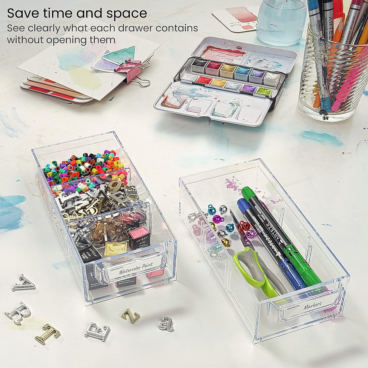 ARTEZA Organizer Box – Compact 20-Drawer Clear Storage Solution for Pens, Clips, Sewing & Craft Supplies – High-Impact Plastic, Home, Office & Classroom Organization – Gray