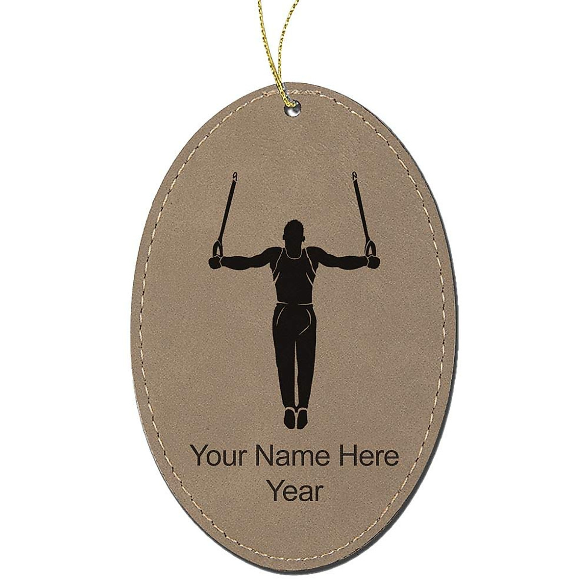LaserGram Faux Leather Christmas Ornament, Gymnast Man, Personalized Engraving Included (Light Brown, Oval)