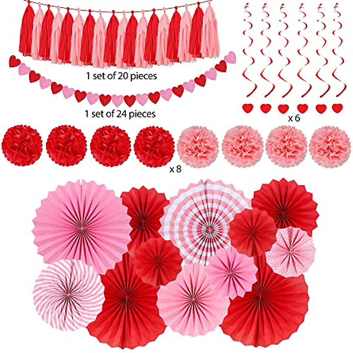 70pcs Valentines Day Red Pink Hanging Paper Fans Decorations - Wedding Bachelorette Party Barbecue Birthday Party Holidays Picnic Circus Carnival Valentines Day Party Photo Booth Backdrops Decorations