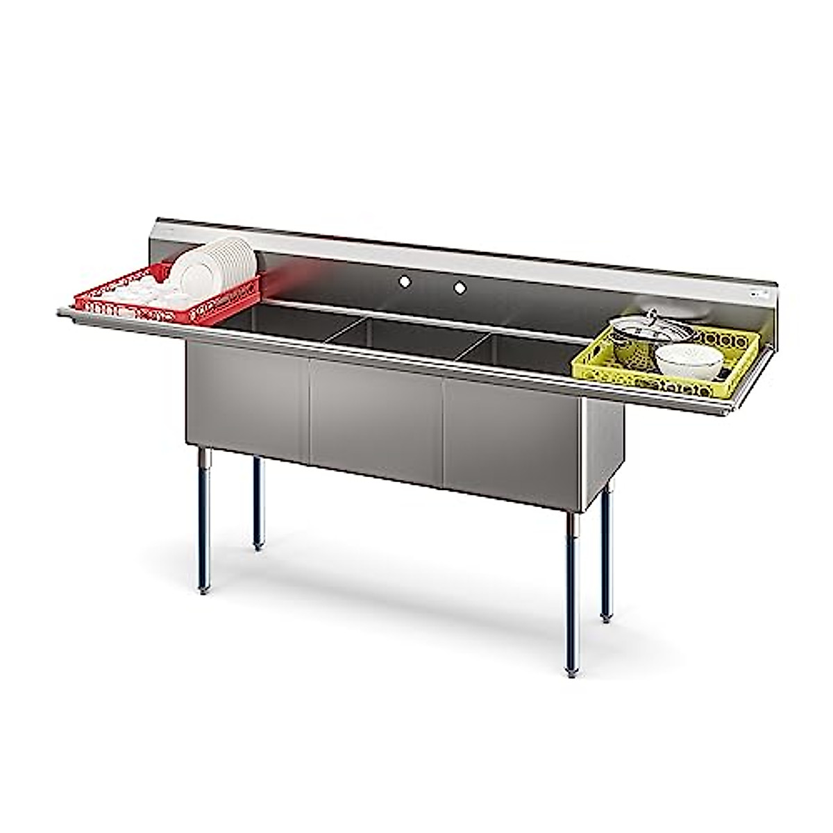 KoolMore 90 in. Three Compartment 18-Gauge Stainless-Steel Commercial Kitchen Sink, Bowl Size 18x18x14, with Three Basins and Pre-Drilled Faucet Holes and Two Drainboards (KM-SC181814-18B3)