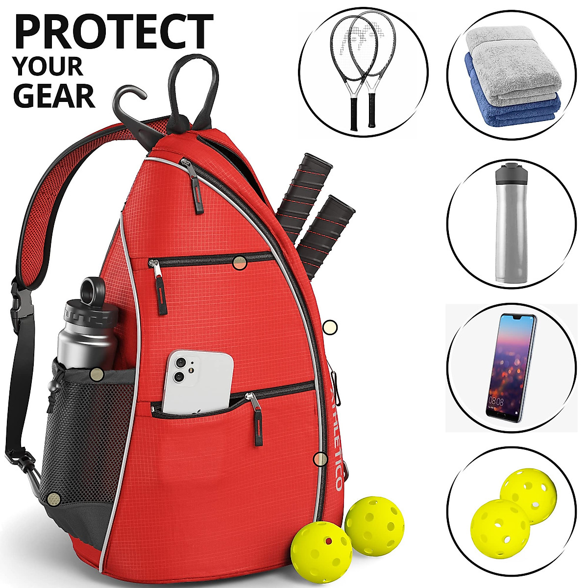 New Athletico Sling Bag - Crossbody Backpack for Pickleball, Tennis, Racquetball, and Travel for Men and Women (Red)