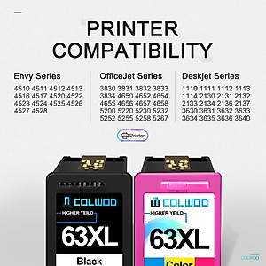 COLWOD High-Yield Remanufactured 63XL Ink Cartridge Replacement for HP 63 63 XL use with HP OfficeJet 3830 4650 5255 5258 Envy 4520 4512 DeskJet 1112 1110 3630 3632 3634 Printer (1 Black 1 Tri-Color)