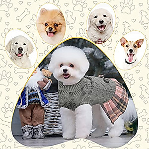Weewooday 2 Pieces Dog Sweater Plaid Dress Turtleneck with Bow Tie Cold Weather Sweater Pet Sweater Pullover Knitwear Puppy Sweater for Fall Winter Red and Gray (Medium)