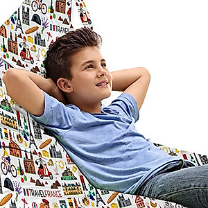 Ambesonne Notre Dame de Paris Lounger Chair Bag, Landmark and Travel Map with Colorful Illustrations of France Culture, High Capacity Storage with Handle Container, Lounger Size, Multicolor