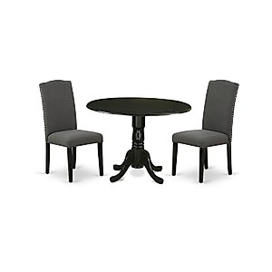 East West Furniture Dublin 3 Piece Modern Dining Set Contains a Round Wooden Table with Dropleaf and 2 Dark Gotham Linen Fabric Upholstered Chairs, 42x42 Inch, Black