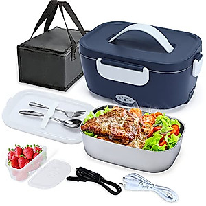 Electric Lunch Box, 75W Portable Food Heater for Adults, Fast Heating Food Warmer for Car Truck Home Office 110V/12V/24V with 1.5L 304 Stainless Steel Container, Fork Spoon and Bag, Blue+White