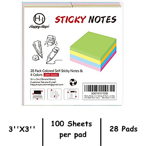 Sticky Notes 3x3 Inches Bulk 28 Pack 2800 Sheets Colored Self-Stick Pads, 100 Sheets/Pad, 4 Bright Colors (Yellow, Green, Pink, Blue) for Office Supplies, School, Home