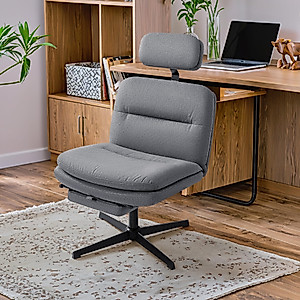 Flamaker Desk Chair Comfy with Footrest & Headrest, Criss Cross Legged Office Chairs No Wheels, Fabric Modern Armless Swivel Adjustable Vanity Chair