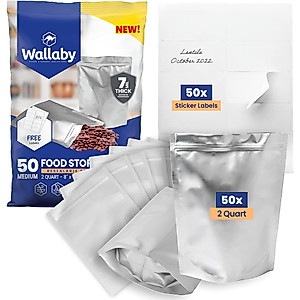 50x Wallaby 2-Quart Gusset Mylar Bag Bundle - (7 Mil - 8" x 12") Stand-Up Zipper Pouches + 50x Labels - Heat Sealable, Food Safe, & Reliable Long Term-Food Storage Solutions - Silver
