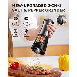 Sangcon 2 in 1 Electric Salt and Pepper Grinder Set, Battery Powered Salt and Pepper Mill, Automatic One-Handed Operation Refillable Grinder with Light, Adjustable Ceramic Grinders, Metallic Gunmetal