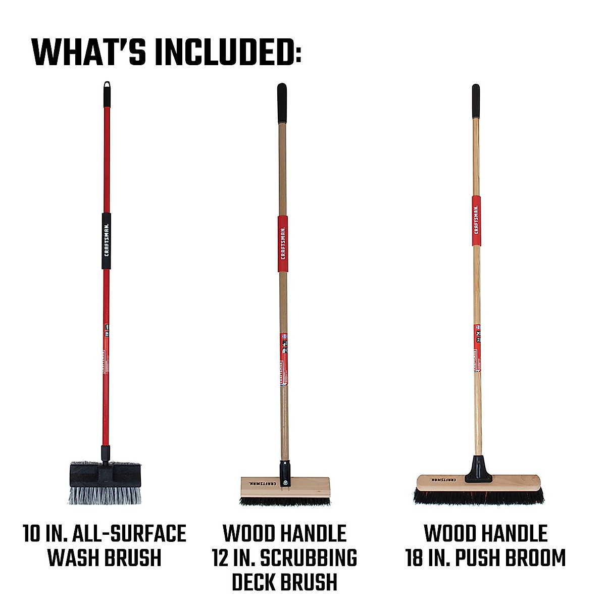 CRAFTSMAN CMXMKIT0080 3-Piece Heavy Duty Cleaning Tool Set with 10 in.All-Surface Wash,12 in. Scrubbing Deck Brush & 18 in. Push Broom, Brown