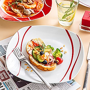 MALACASA Dinnerware Sets, 18-Piece Porcelain Square Dishes, Gray White with Red Rim, Modern Dish Set for 6 - Plates and Bowls Sets, Ideal for Dessert, Salad, and Pasta - Series FELISA