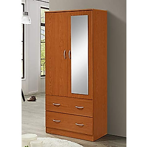 Hodedah Two Door Wardrobe with Two Drawers and Hanging Rod plus Mirror, Cherry