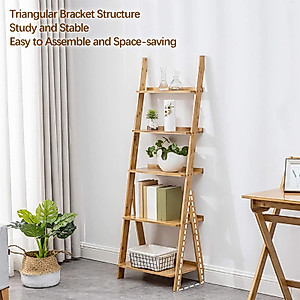 DOUSY- 5-Tier Bamboo Ladder Shelf Ladder Bookshelf Plant & Flower Stand Bookcase, Freestanding Storage Rack Organizer Display Shelf for Living Room, Home Office, Bedroom, Balcony, Natural Wood
