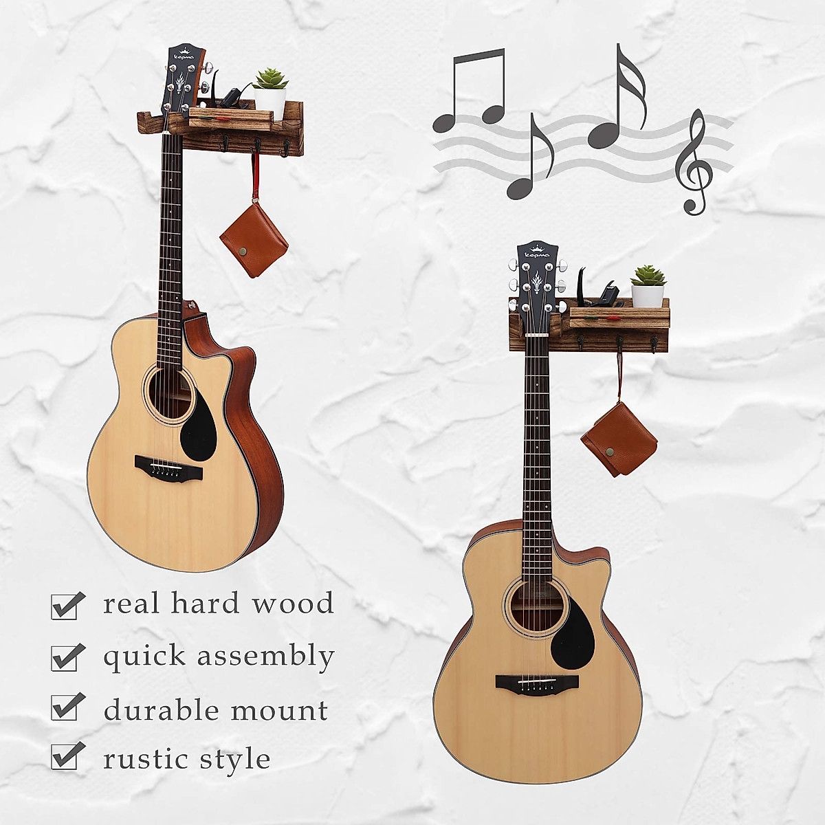 WELLAND Guitar Wall Hanger Guitar Holder Wall Mount, Guitar Accessories Rack with Pick Holder & 3 Hooks