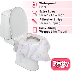 Potty Shields Toilet Seat Covers Disposable (40 Pack, Floral) - XL Waterproof Toilet Cover for Toddlers, Kids & Adults - Portable & Individually Wrapped for Travel, Potty Training & Public Restrooms