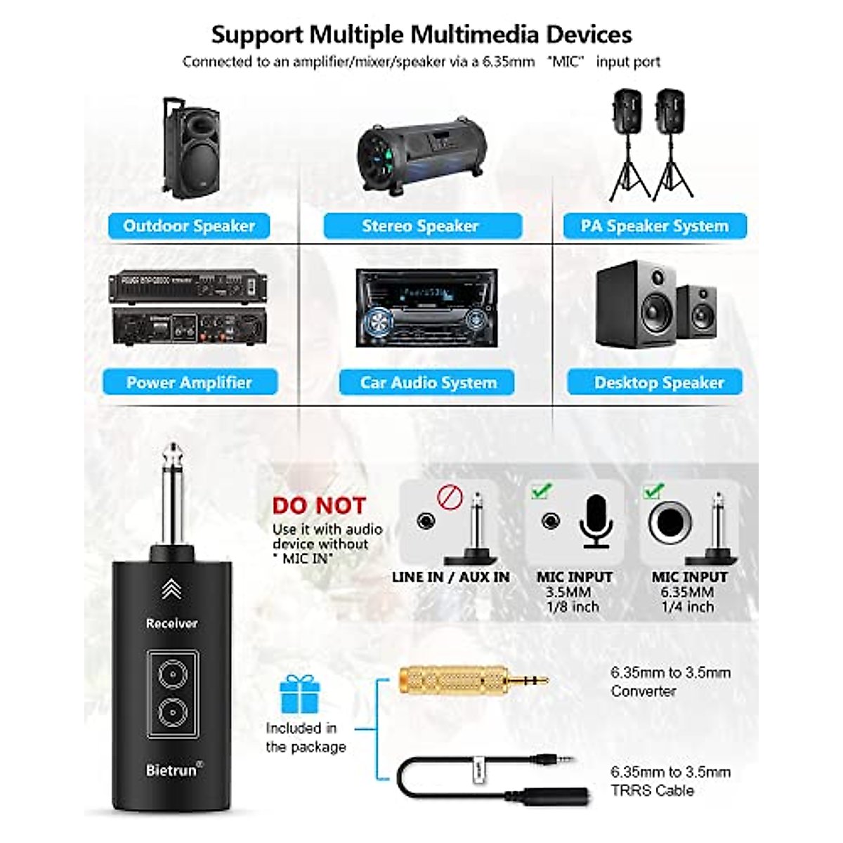 Bietrun Rechargeable Wireless Microphone, Dual Metal Cordless Handheld Dynamic Wireless Mics with 1/4'' Output for Karaoke, Meeting, Singing, Church, Wedding(UHF 240ft Range)(Receiver with Bluetooth)