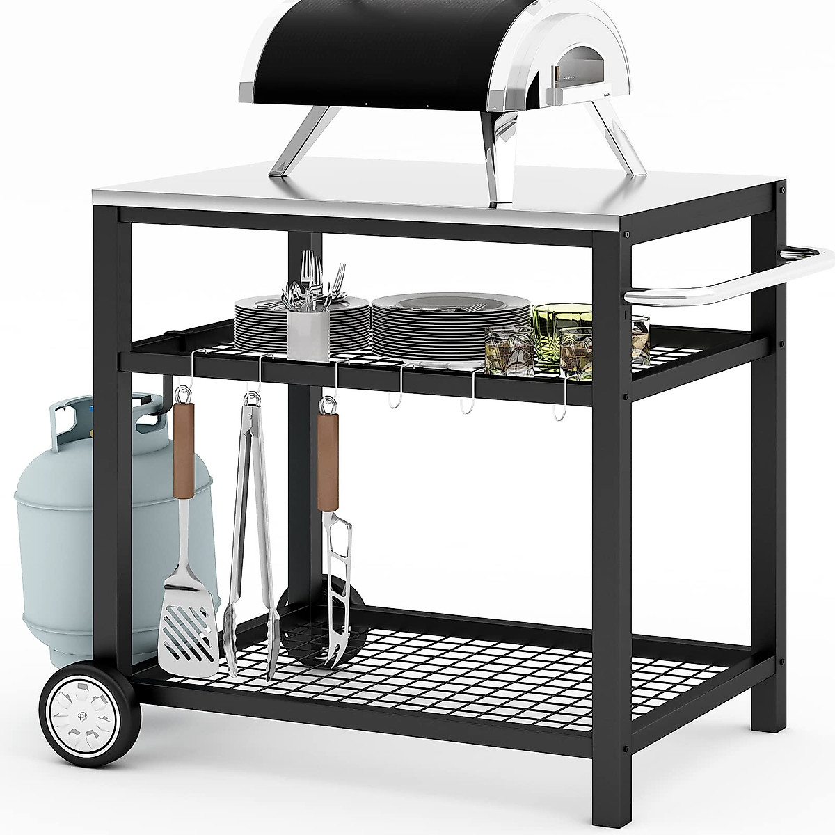 Movable Food Prep and Work Cart Table Stainless Steel Grill Cart Modular Table with Wheels and Handle Double-Shelf Commercial Kitchen Table Heavy Duty Grill Cart Outdoor Cart