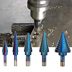 Step Drill Bits, 5pcs 1/4 Triangles Shank Stepless Drill Bit Set with Blue Coating Step Down Drill Bit for Sheet Metal Hole Drilling Cutting