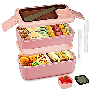 HONZUEN Bento Lunch Box 2 Layer, Adults Compartment Bento Box with Sauce Container, Stackable Meal Prep Container with Cutlery, Microwave Safe Leak-Proof Lunch Box for Men Woman (Pink)